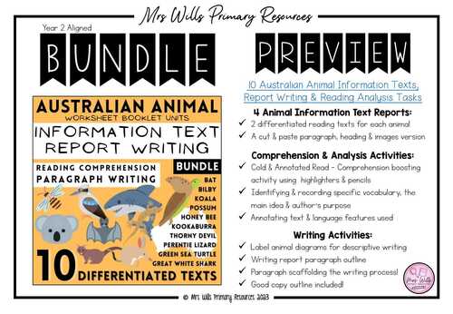 10 Australian Animal Information Texts, Report Writing & Reading Analysis Tasks
