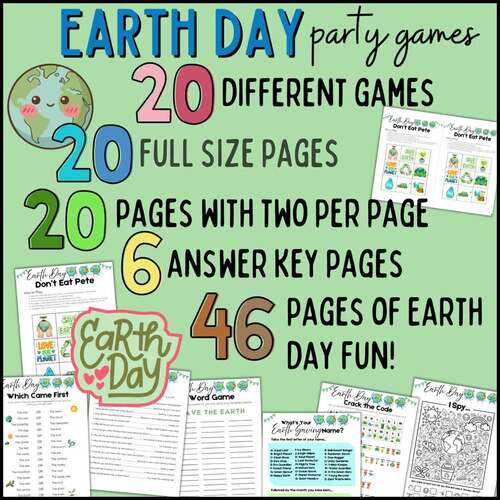 Earth Day Games for Kids, 20 Activity Pack, Classroom Party Games, I ...
