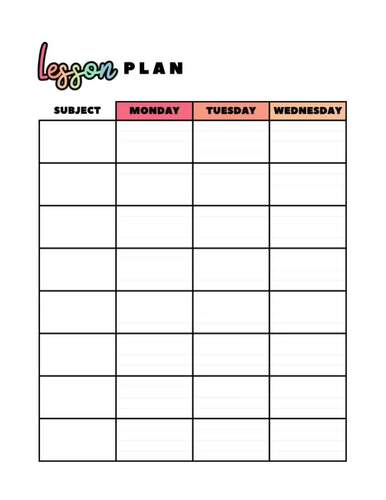 Weekly Lesson Plan, Lined, 6,8 or 10 Subjects by Little Rainbow School ...