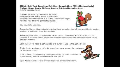 Winter Sight Word Games EDITABLE ANY List Letters, Words, Phonemes, Math