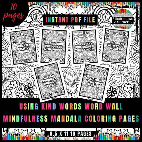 Using Kind Words Word Wall Sayings, Relaxing Craft Coloring Pages, No Prep