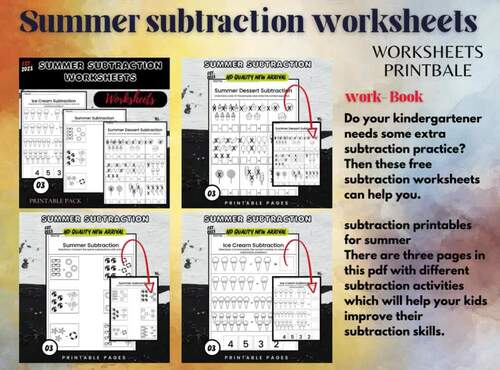 Summer subtraction worksheets for kindergarten by English For Kids ABC