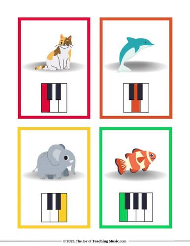 Animal alphabet music flash card - Color coded piano playing cards