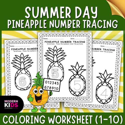 Pineapple Number Tracing and Coloring Worksheet (1-10) | TPT