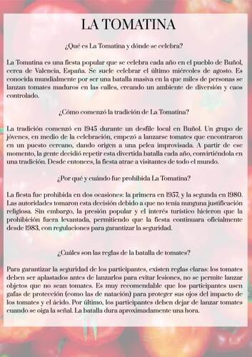 La Tomatina/Reading in Spanish/Vocabulary/activities/ B1–B2/ task cards