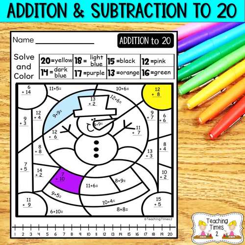 WINTER Addition and Subtraction to 20 Color by Number Printables - February
