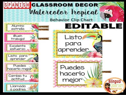 Editable Watercolor Tropical Behavior Clip Chart in Spanish | TpT