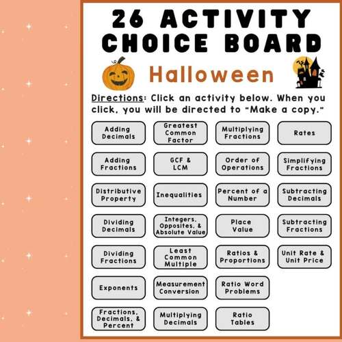 Halloween Choice Board 27 ACTIVITY 5th 6th Grade Halloween Math Mystery ...