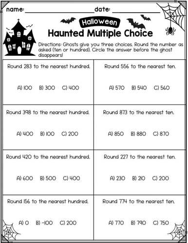 3rd Grade Halloween Math Worksheets | Rounding Ten & Hundred (3.NBT.A.1)