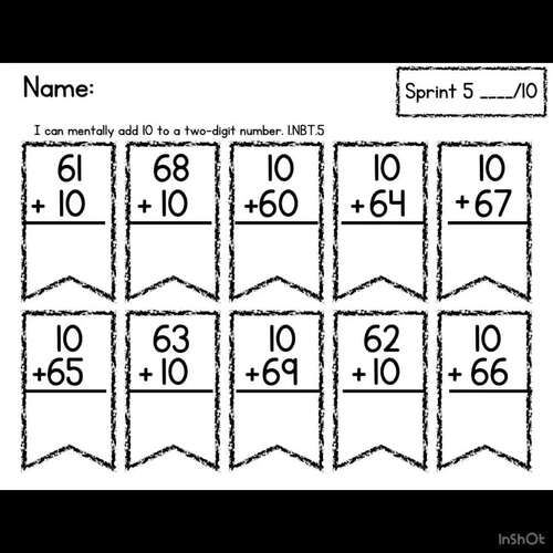 Math Sprints | Add and Subtract 10 More or 10 Less Within 100 Fluency ...