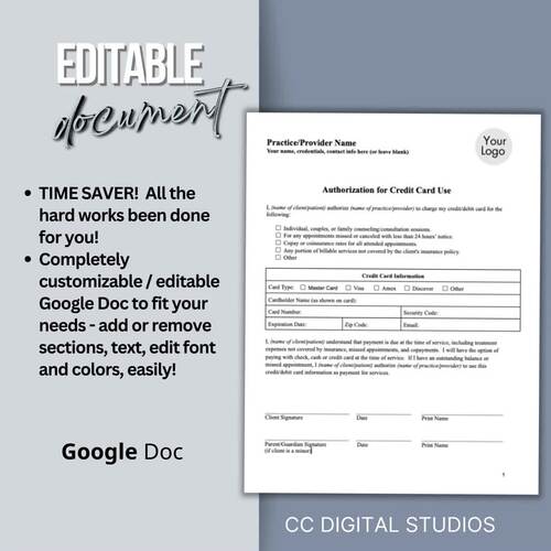 Credit Card Template, Editable Google Doc, Therapist Office ...