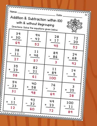 Thanksgiving Turkey Math | Add & Subtract Within 100 | With & Without ...