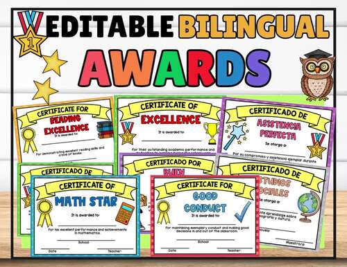 End of Year Awards Certificates Editable | Spanish & English Classroom ...