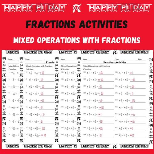 Mixed Operations with Fractions Activities - Pi Day Worksheet No Prep