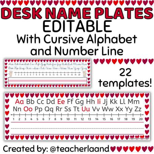 Red Valentine Hearts Theme Student Desk Name Plates / Tags! Editable!