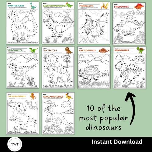 Dinosaur Dot to Dot Colouring Pages, All Different Levels | TPT