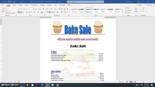 Lesson Plan - Bake Sale Microsoft Word with Text, Graphics, & Fonts
