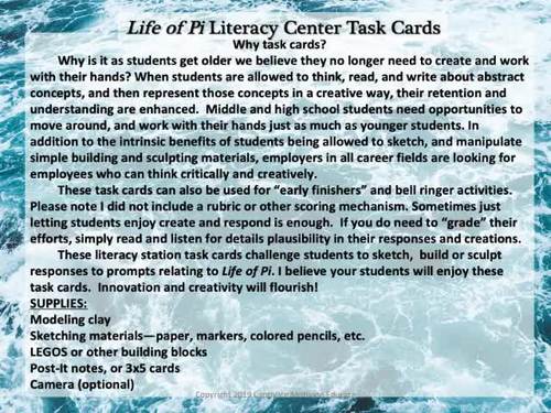 Life of Pi Literacy Station Task Cards, hands-on, review | TpT