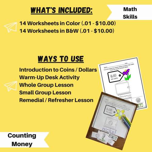Spring Identify and Count Money Math Life Skill Worksheets .01 - $10
