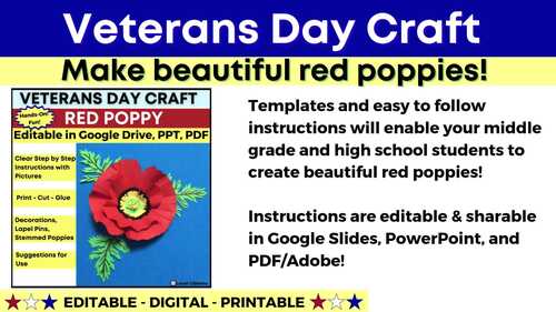 Veterans Day Craft Red Poppy Remembrance for Secondary Students, Cut & Glue