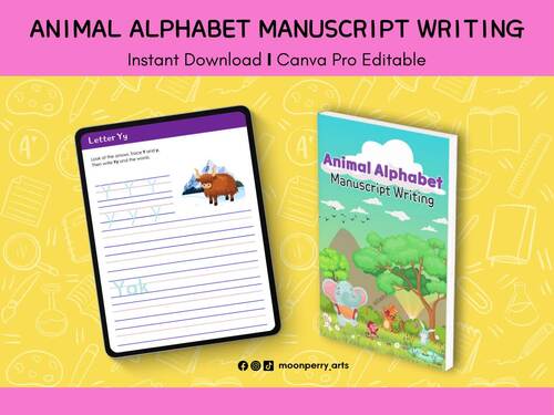 Animal Alphabet Tracing Manuscript Worksheets | Printable | Canva Editable