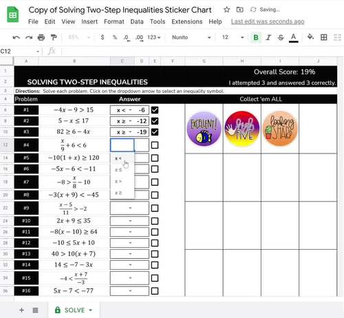 Solving Two Step Inequalities DIGITAL STICKER CHART by Algebra Accents