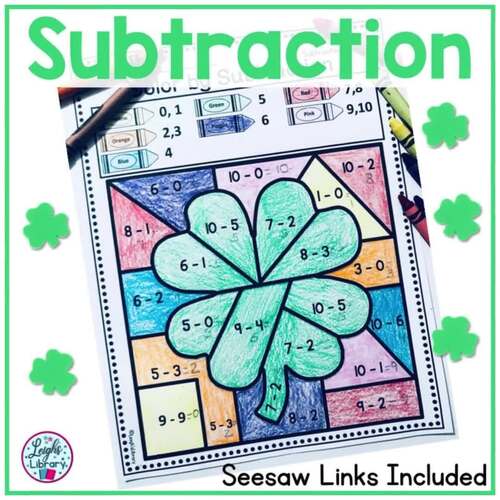 Saint Patrick's Day Color by Code Subtraction Printables and Seesaw Links