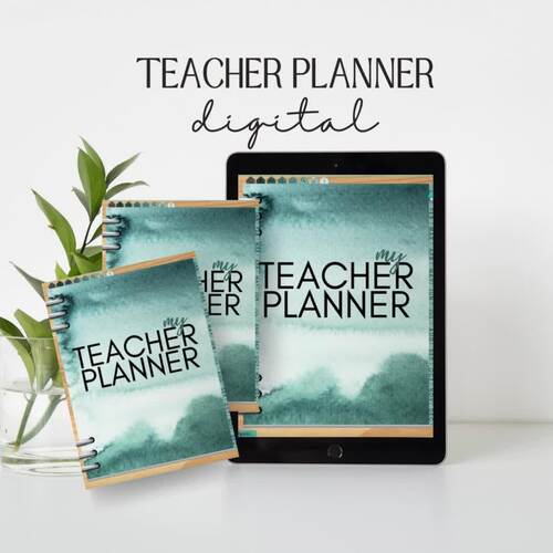 Teacher Digital Planner 2024 2025 Green Watercolour with Silver Rings