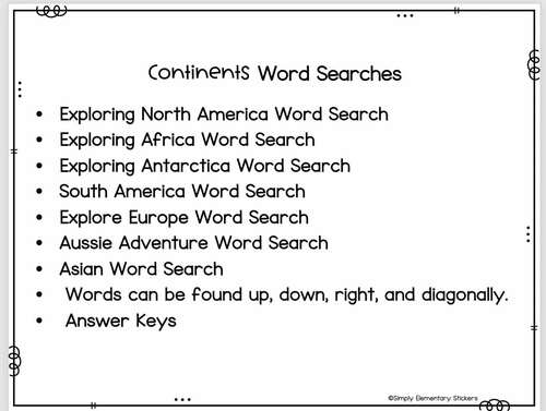 Seven Continents & Oceans Word Search Puzzles Printable Activity