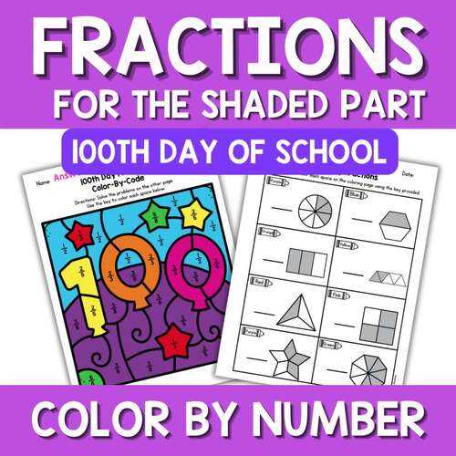 100th Day Fractions Color by Number Code Fun 2nd 3rd Grade Math No Prep Fun