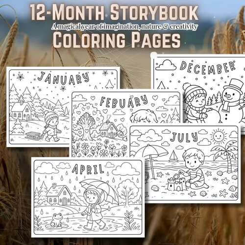 12 Months Coloring Pages for Kids|Seasonal Storybook Set for Classroom&Home