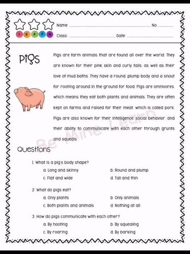 Reading Comprehension (ANIMALS) || Writing Prompt and Coloring Activities