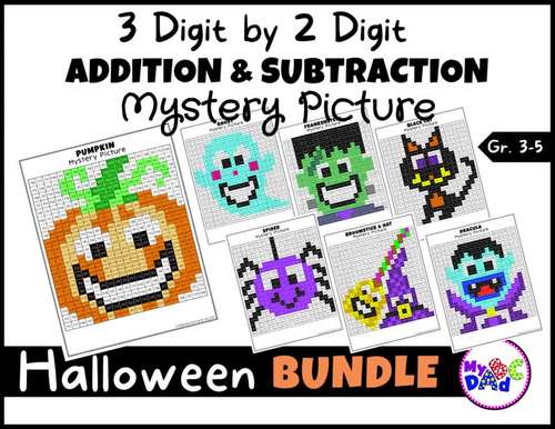Halloween 3 Digit by 2 Digit Addition and Subtraction Mystery Picture ...