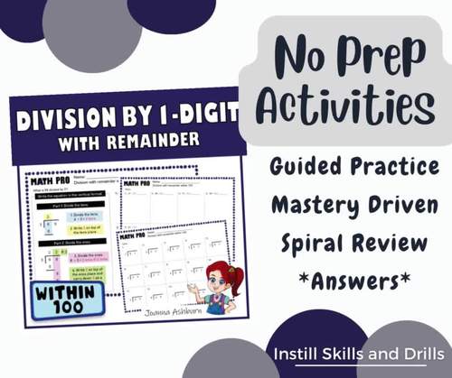 Long Division 2 Digit by 1 Digit with Remainder Guided Practice Worksheets