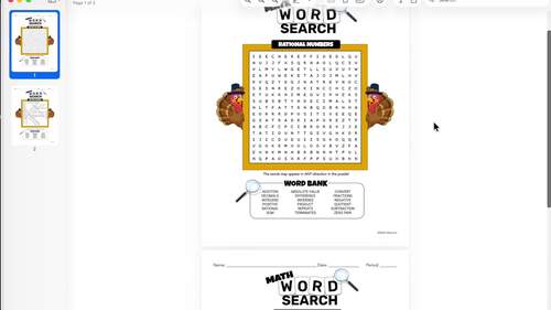 6th/7th/8th Grade Turkey Math Worksheets Word Search Vocabulary Activities