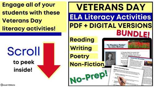 Veterans Day Reading Comprehension Passage and Questions Writing ...