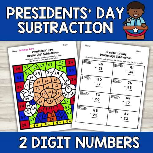 Presidents' Day Double Digit Subtraction Color by Number | Math ...