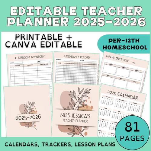 Editable Teacher Planner 2025-2026 | Canva Binder | Printable & Digital PDF