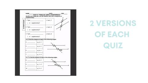 Parallel Lines & Angles Unit Assessments - 2 quizzes, 3 reviews & 5 tests