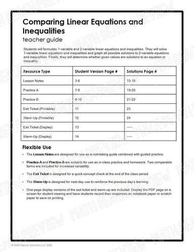 Comparing Linear Equations and Inequalities Lesson (1-variable and 2 ...