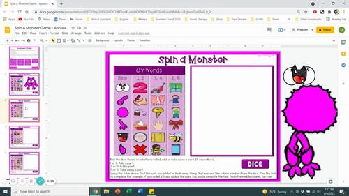 No Prep Google Slides™ Apraxia Spin a Monster by Speech Therapy Plans