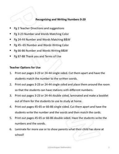 Writing Numbers 0-20 Worksheets | Matching | Tracing by Grasshopper ...