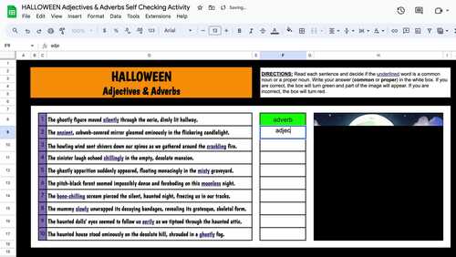 HALLOWEEN ADJECTIVE & ADVERBS Google Sheets Mystery Picture | TPT