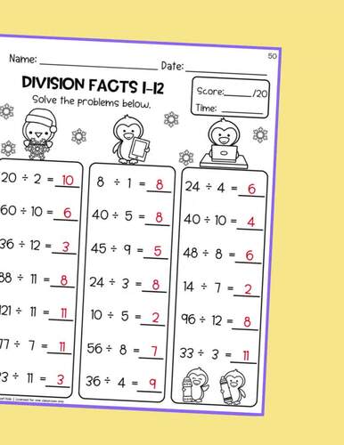 Penguin Division Facts 1–12 Worksheets Winter Math Drills No-Prep for ...