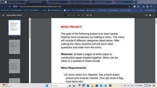 Spanish Menu Project | Realidades 1 Chapter 3B | Food Vocabulary