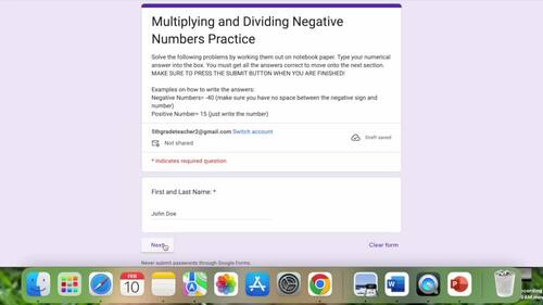 Multiplying and Dividing Negative Numbers Google Forms (Self-Grading)