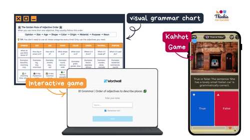 Order of Adjectives Visual Grammar + 6 Activities + Games B1-B2 ESL Writing