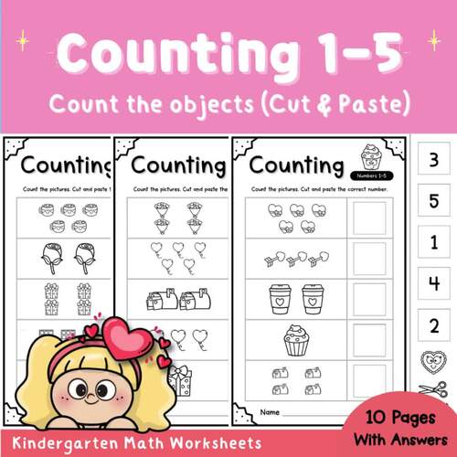 Valentine's Day Counting 1–5 Cut and Paste Worksheets | Numbers 1–5
