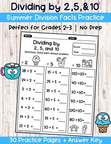 Summer Division Facts Worksheet | Dividing by 2, 5, & 10 | Times Tables ...