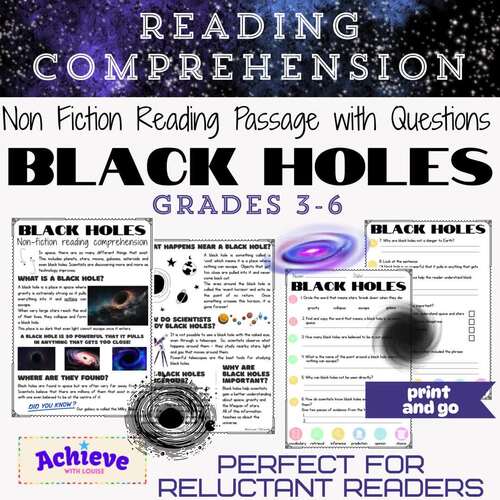 Black Holes Reading Comprehension Worksheet | Space Nonfiction ...